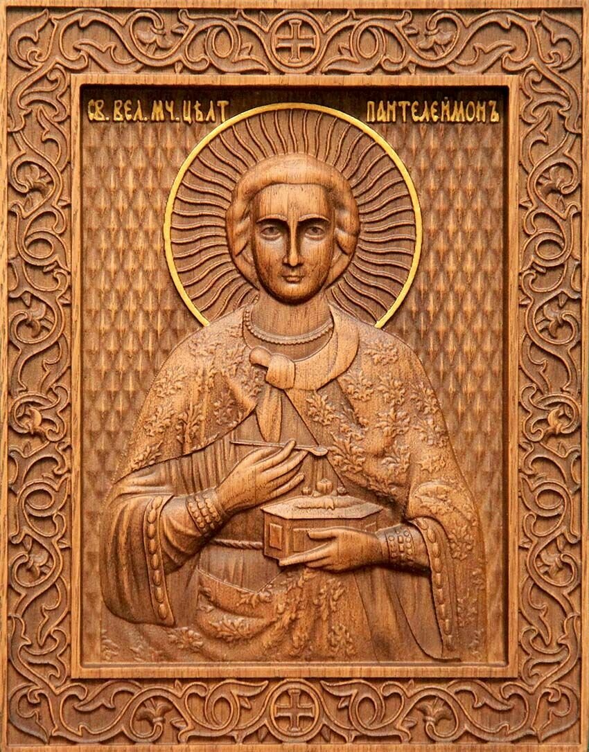 Икона Пантелеимон (Пантелеймон) Целитель, Великомученик, резная из дуба, 30х40 см
