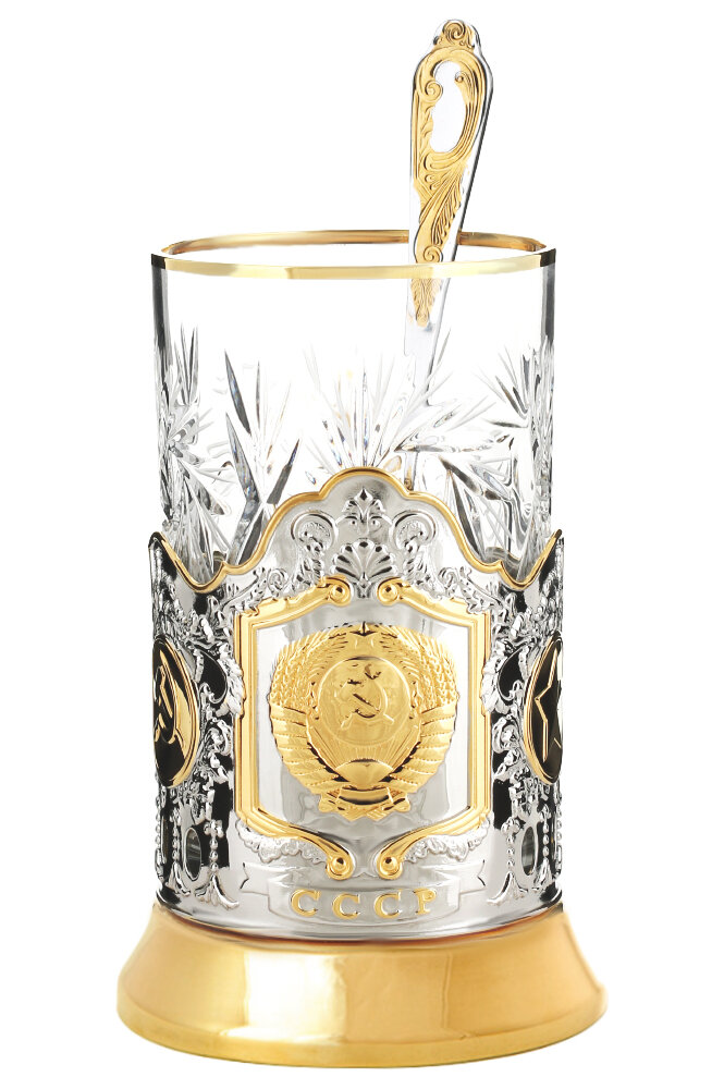 Подарочный набор для чая (3 предмета) Герб СССР, позолоченный