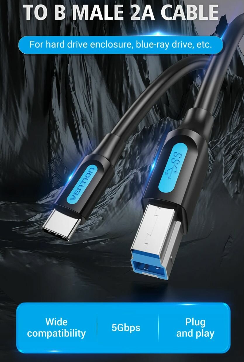 Vention кабель USB C к USB 3,0 для принтера, сканера, факс машины Black 1m