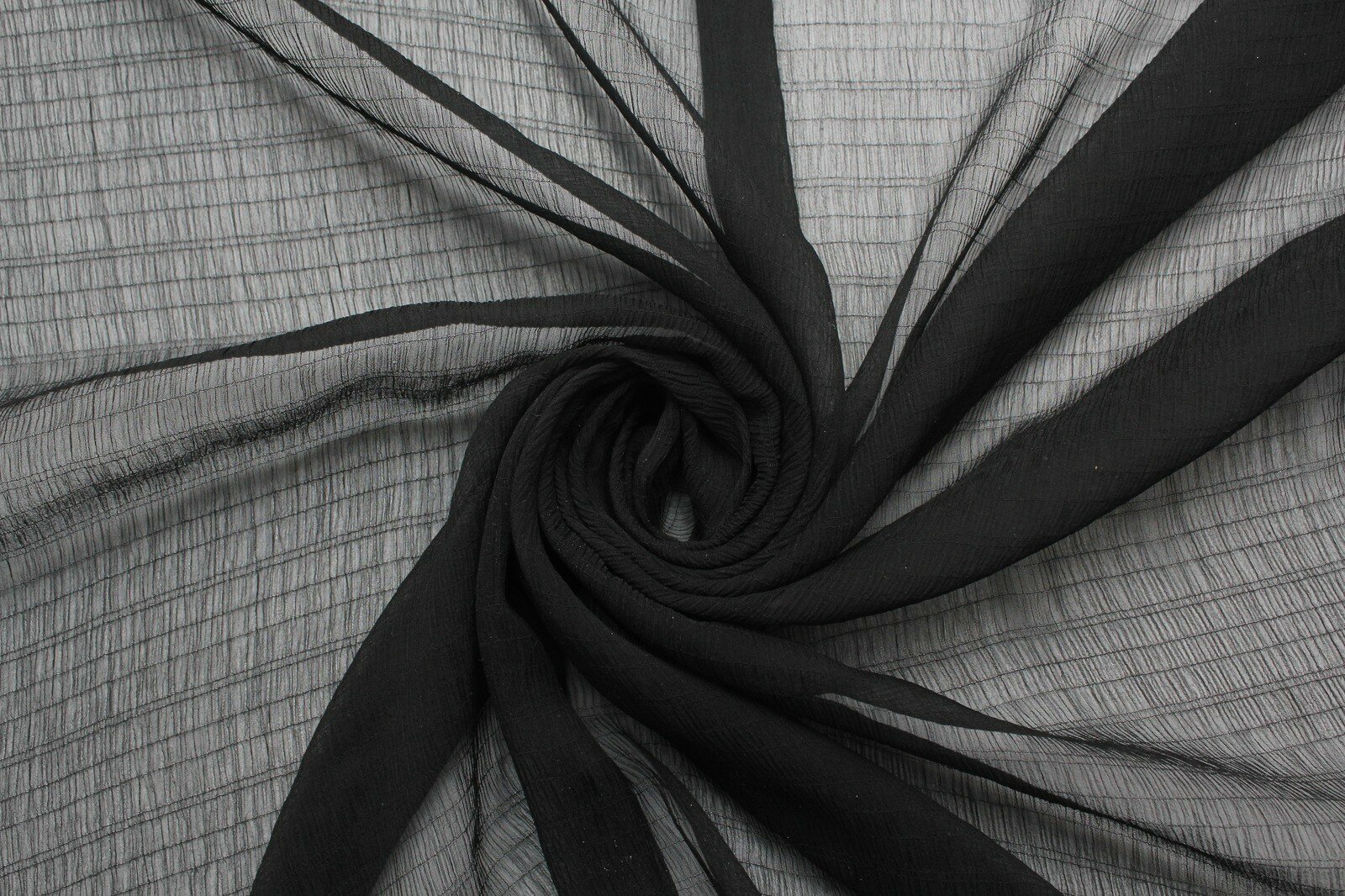 Ткань Шелковый шифон-стрейч-креш черный с тонкой поперечной полоской, ш106см, 0,5 м