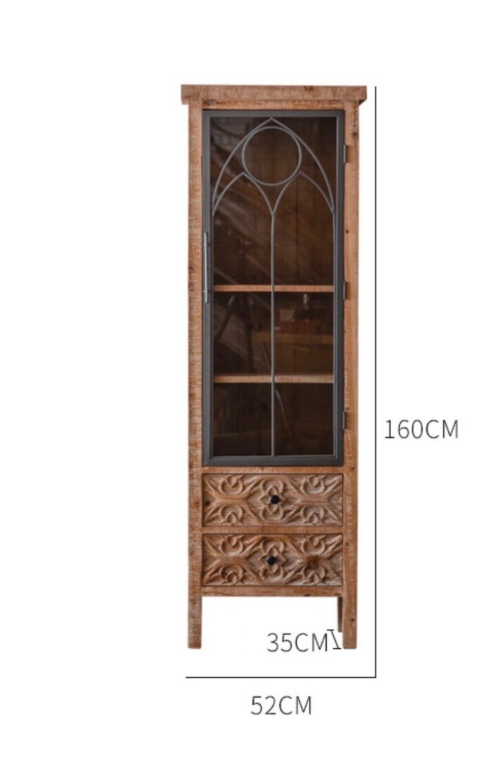 Шкаф-витрина для посуды "Винтаж", напольный, резное дерево, металл, стекло , 1 дверца, 1 ящик, размеры 52*35*160,5 см высота