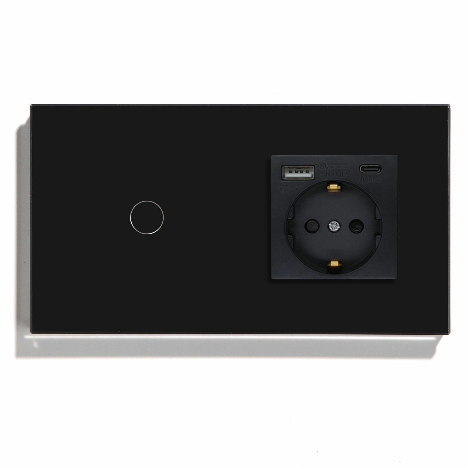 Чёрный сенсорный выключатель с розеткой, USB и Type C портами, панель из закаленного стекла