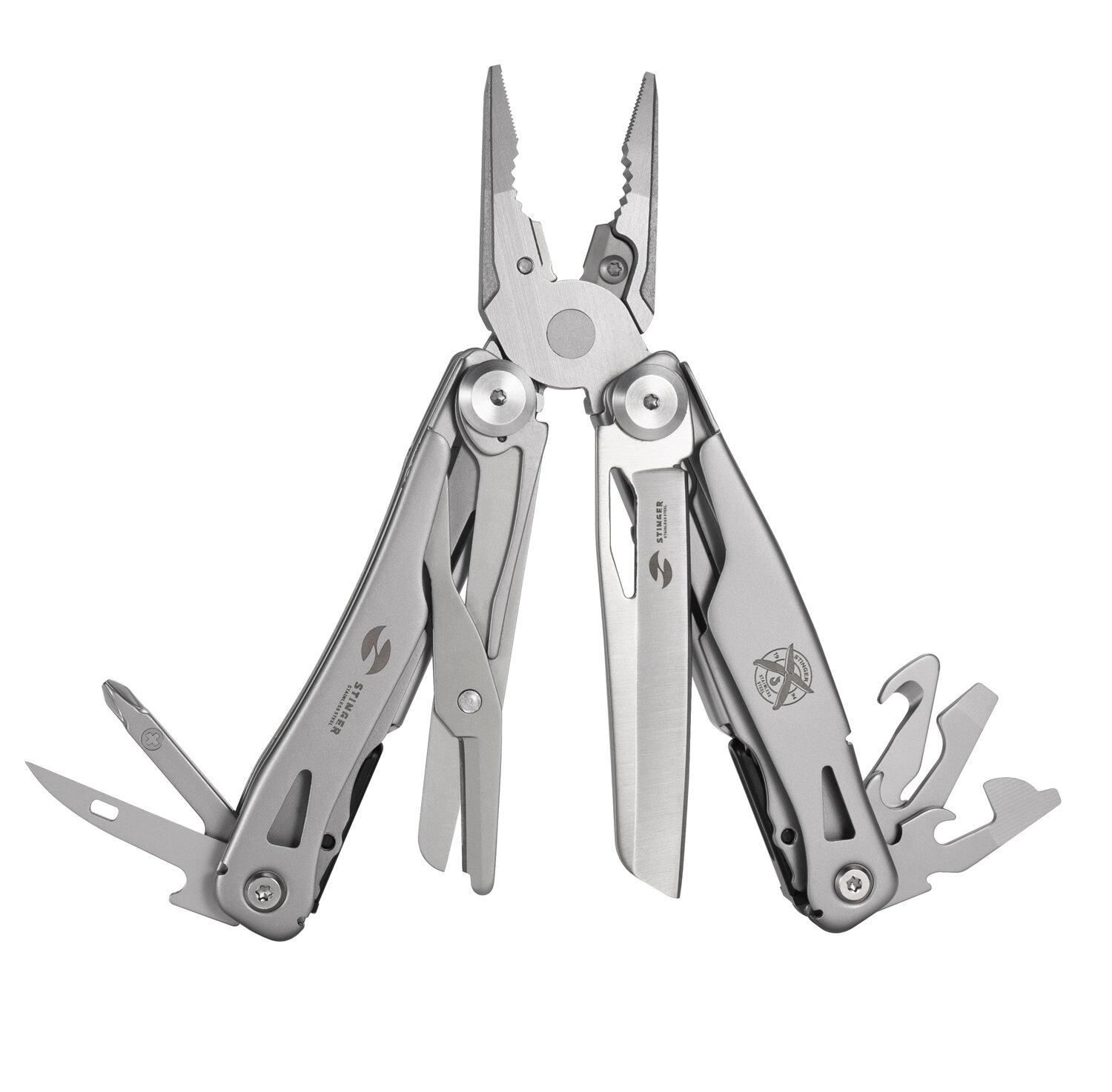 Мультитул Stinger, 106 мм, 14 функций, сталь, серебристый, в комплекте нейлоновый чехол