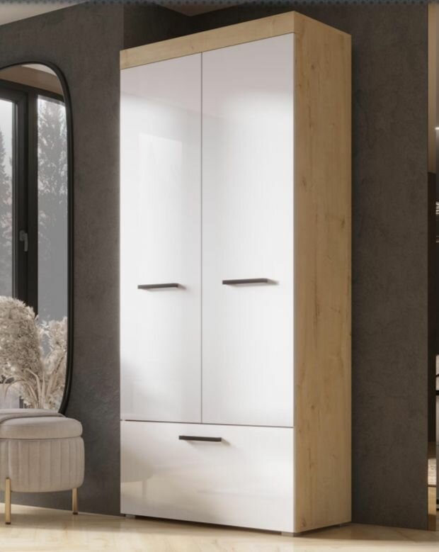 Шкаф для одежды Бастон 0.9 Дуб вотан/Белый глянец, с ящиком, с выдвижной штангой для вешалок