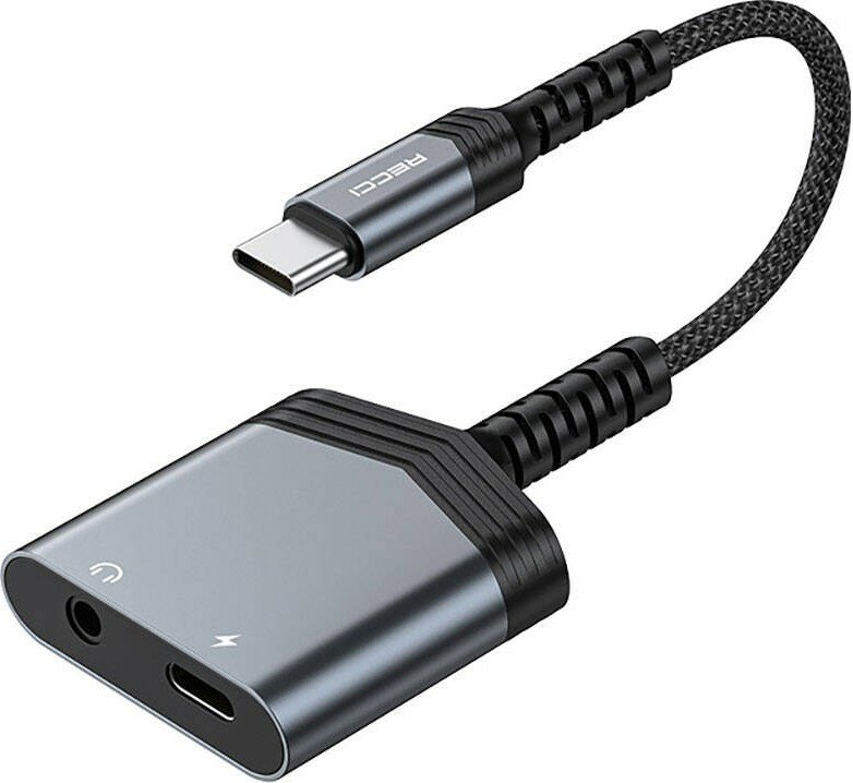 Переходник конвертер 2-in-1, Recci RDS-A19, Type-C(M) to Type-C(F) PD60W + AUX 3.5 mm, Серый