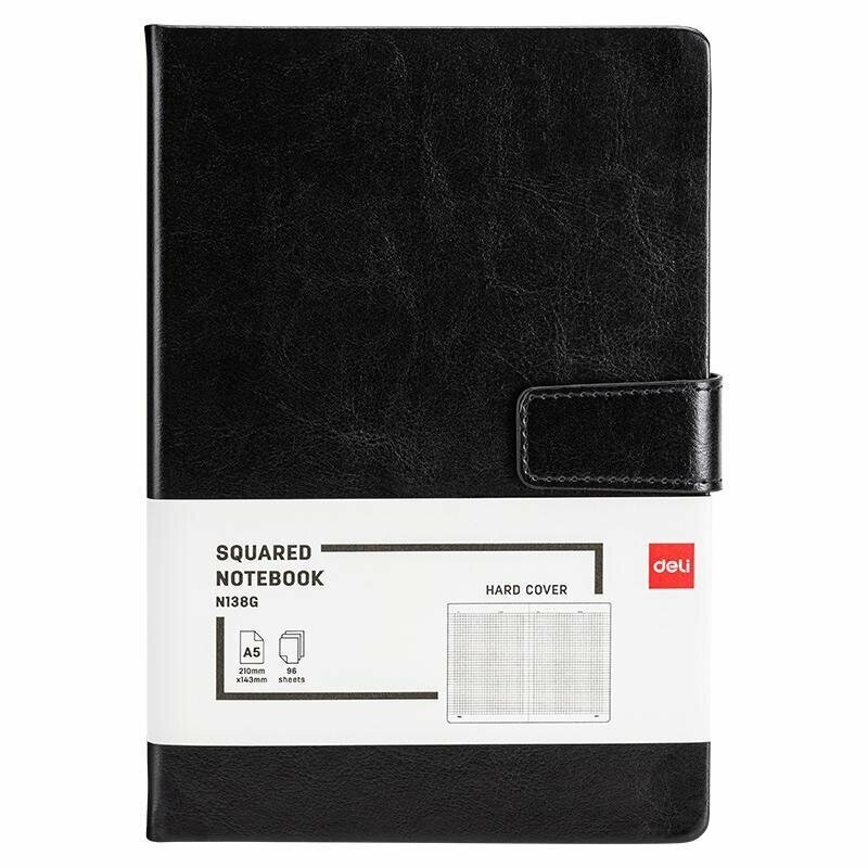Блокнот Deli А5 96л 80 г/м тверд. облож, магнит клетка 5x5мм черн кожа EN138G, 1741983