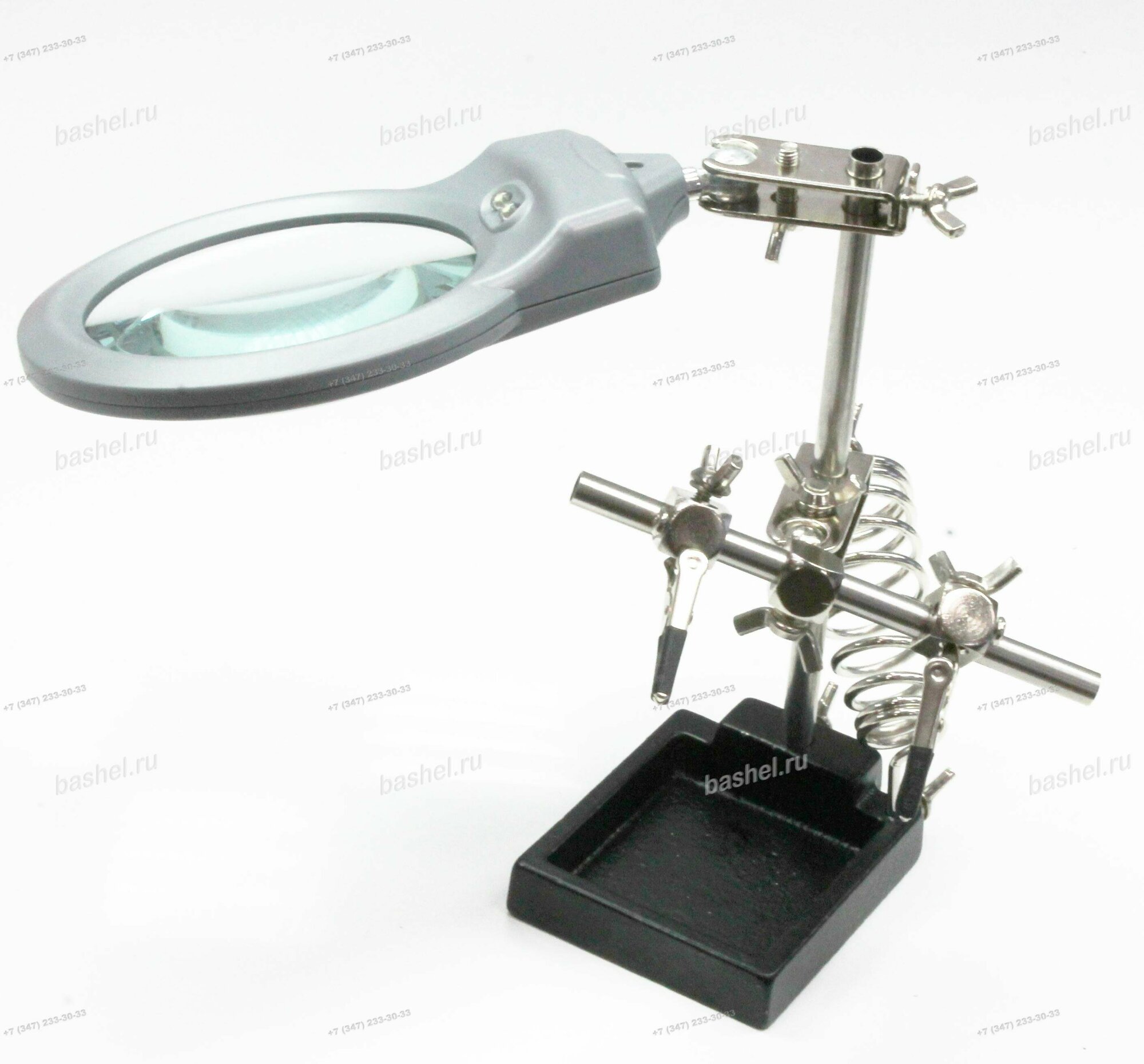 Держатель Третья рука, 2 зажима, лупа 85 мм (2.5х), подставка паяльника, LED подсветка, чугун REXANT, Rexant
