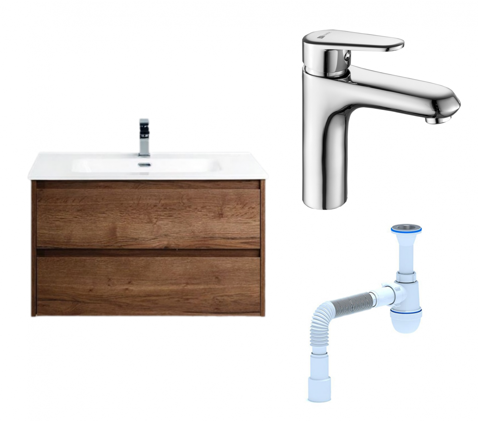 Комплект: Тумба с раковиной BelBagno Kraft 90 rovere tabacco + Смеситель Lemark Point LM0306C хром + Сифон АниПласт 130058+LM0306C+C2015xrv