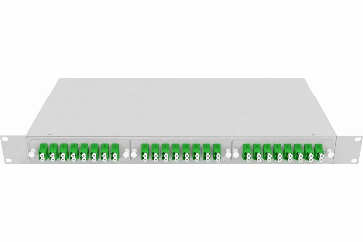 Кросс стоечный оптический VIMCOM 19' укомплектованный 1U, 48 портов LC/APC, 9/125 мкм (планки, сплайс-кассета, пигтейлы, адаптеры, КДЗС), серый.