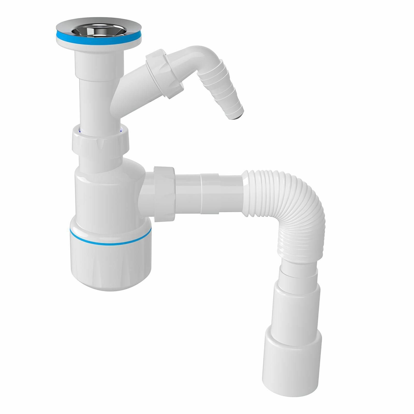 Сифон для умывальника с выпуском и отводом под перелив/посудомоечную машину