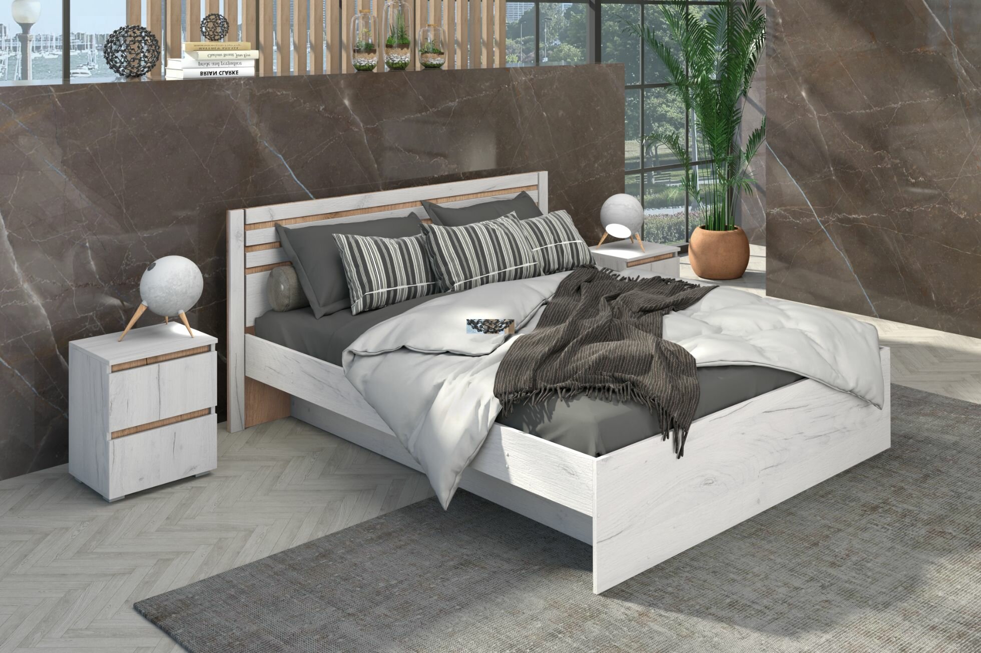 Комплект мебели для спальни Лиана Кровать 1,6 + тумбы Дуб Крафт Белый/Дуб Крафт Золотой