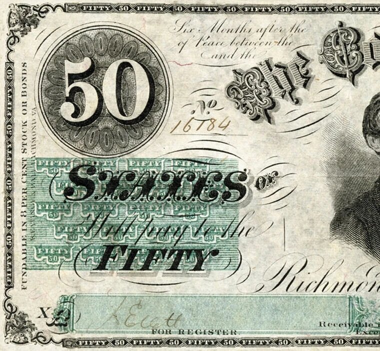 50 долларов 1861 Конфедерация Штатов Америки, 3 выпуск сувенирная копия, банкноты и купюры редкие коллекционные
