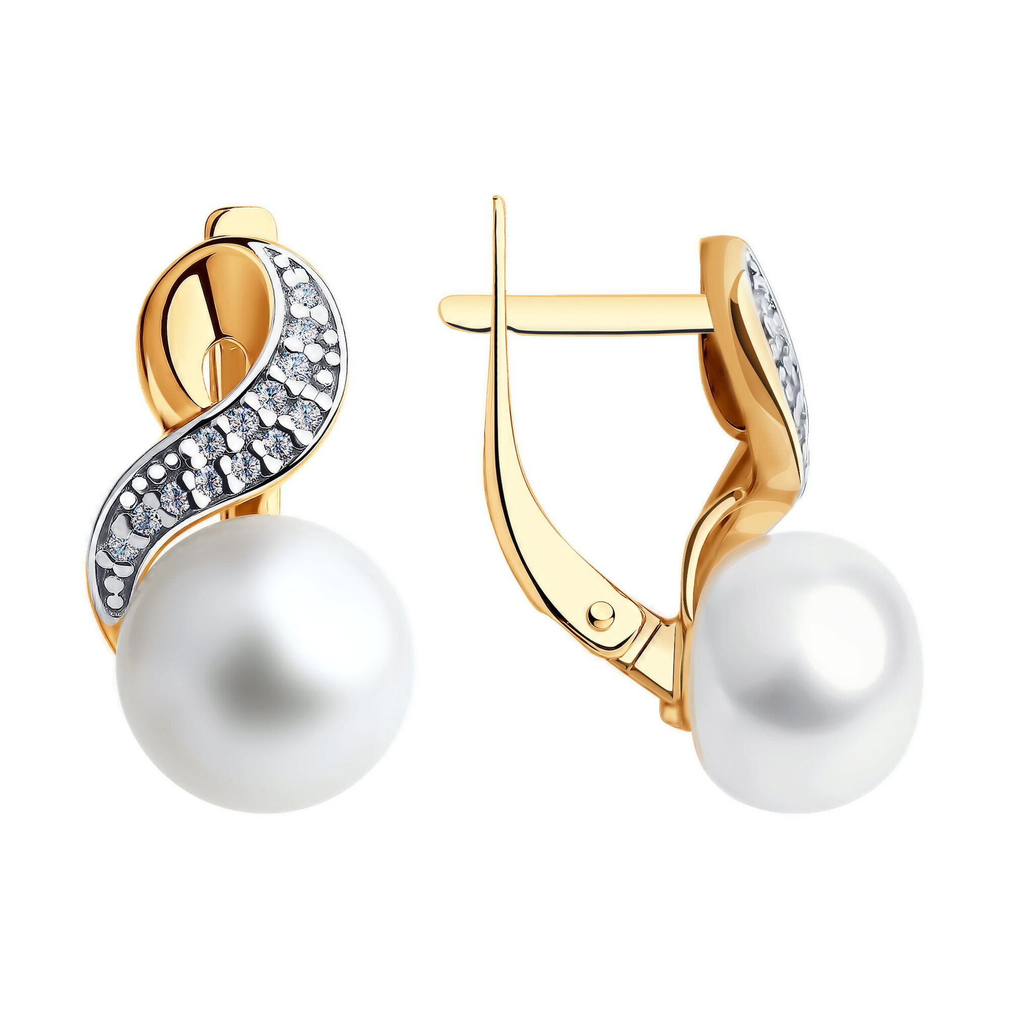 Серьги, серебро, 925 проба, золочение, жемчуг, фианит