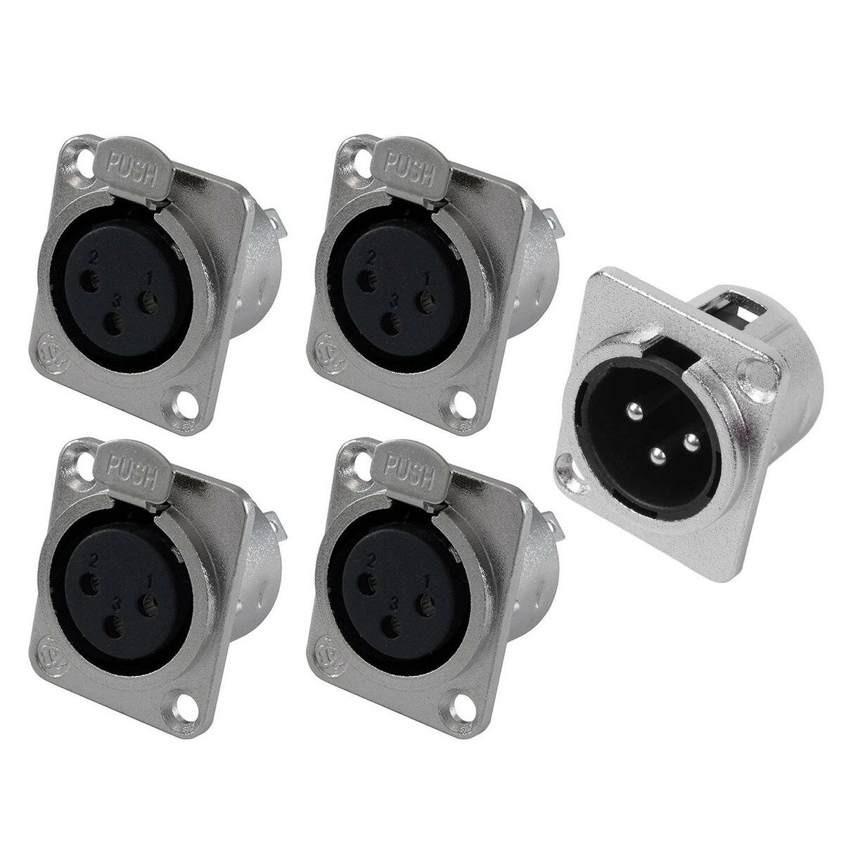 Шт. разъемов XLR 3-контактных - гнезда для монтажа на панель серии D: 4 шт. разъема XLR-F (мама) и 4 шт. разъема XLR-M (папа)