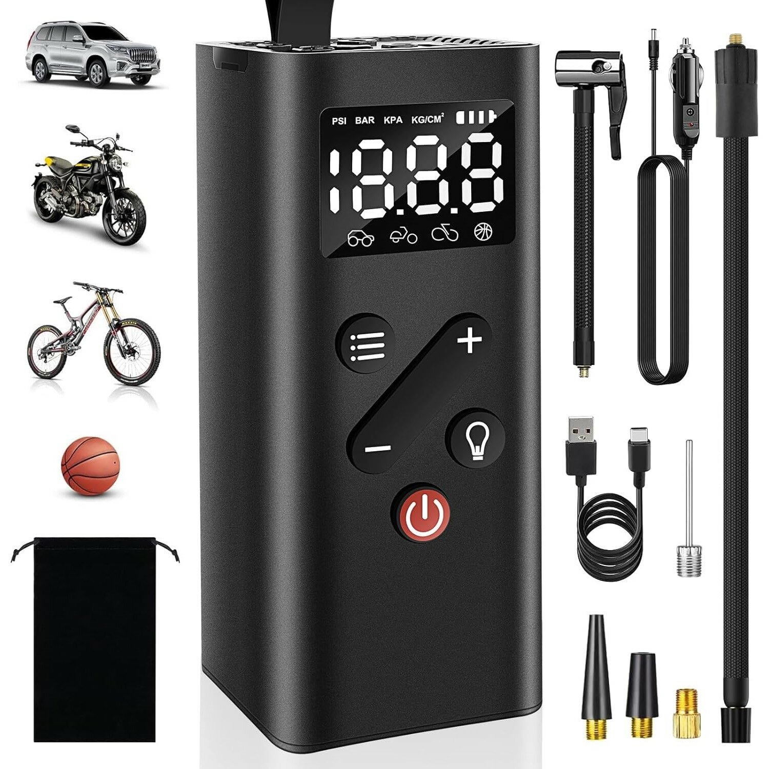 Электрический воздушный насос 150 фунтов на квадратный дюйм, 5000 мАч, фонарик и USB-аккумуляторный компрессор