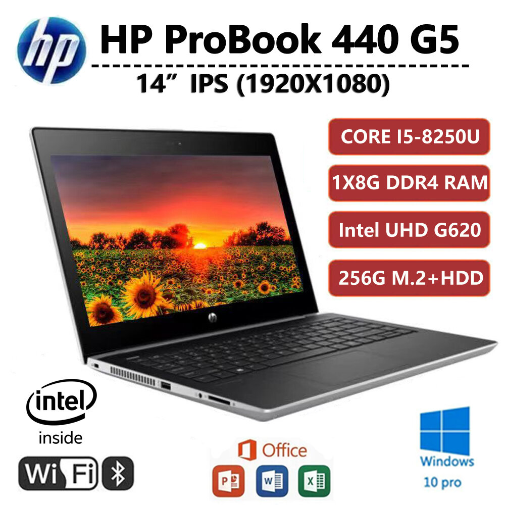 Подержанный ноутбук 14 inches HP Probook 440 G5 ( CORE I5-8250U+1X8GB DDR4 2400 RAM+256G M.2 NVME SSD+500G HDD+Intel UHD 620 Видеокарта+1920X1080 IPS 4K) Win 10 pro