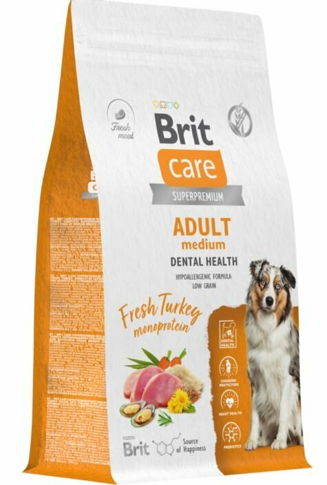 Brit Сухой корм Care Dog Adult M Dental Health с индейкой для взрослых собах средних пород, 12кг 12 кг