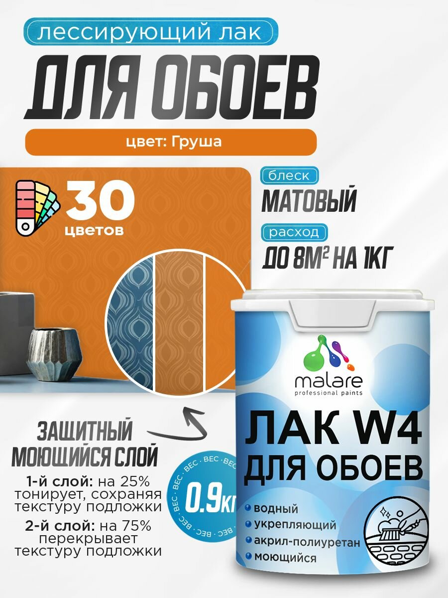 Лак колерованный тонирующий для защиты обоев Malare W4 универсальный для дерева и минеральных поверхностей, водный без запаха быстросохнущий, матовый, груша, 0.9 кг.