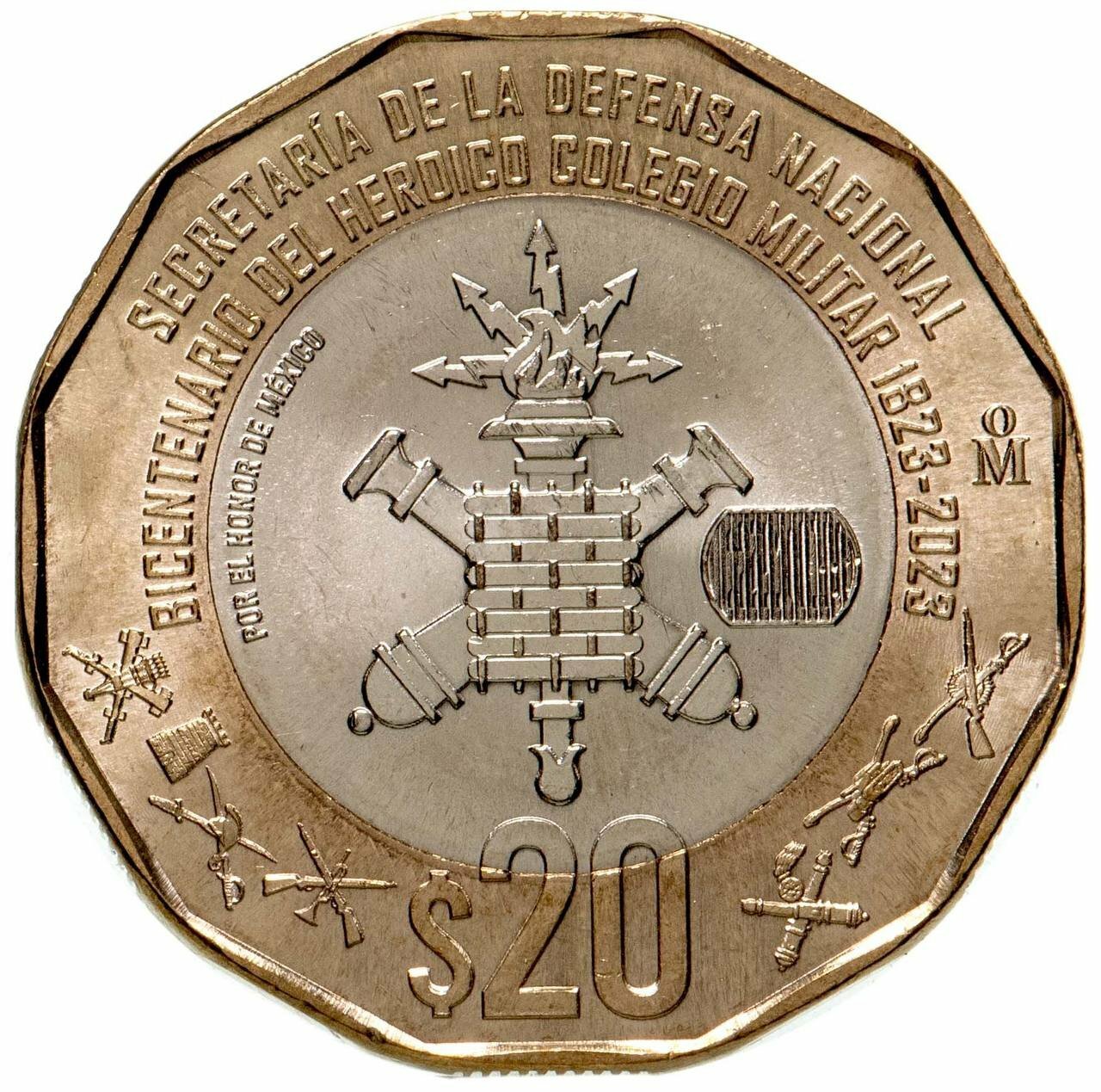 Мексика 20 песо 2023 "200 лет героической военной академии", Биметалл, в сохранности UNC