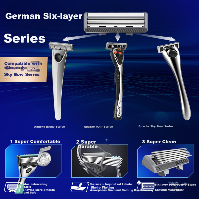 Apache apache 6-Layer Blade Manual Shaver Blade German Imported Six-Layer Blade Head Compatible with Tian Gong Leopard Knife Handle/Blade 4-Pack Without Handle