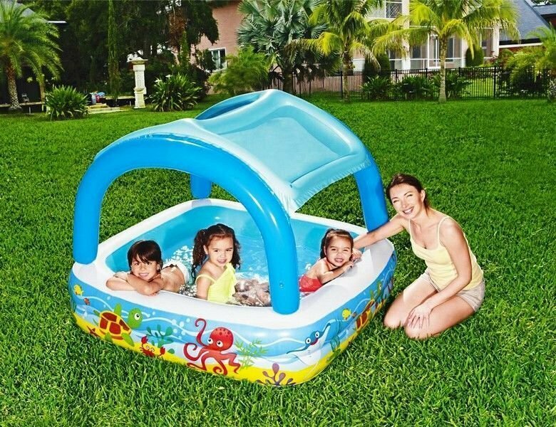 Надувной бассейн Морские глубины со съемным навесом от солнца, 140х140х114 см, от 2 лет, BestWay, 52192