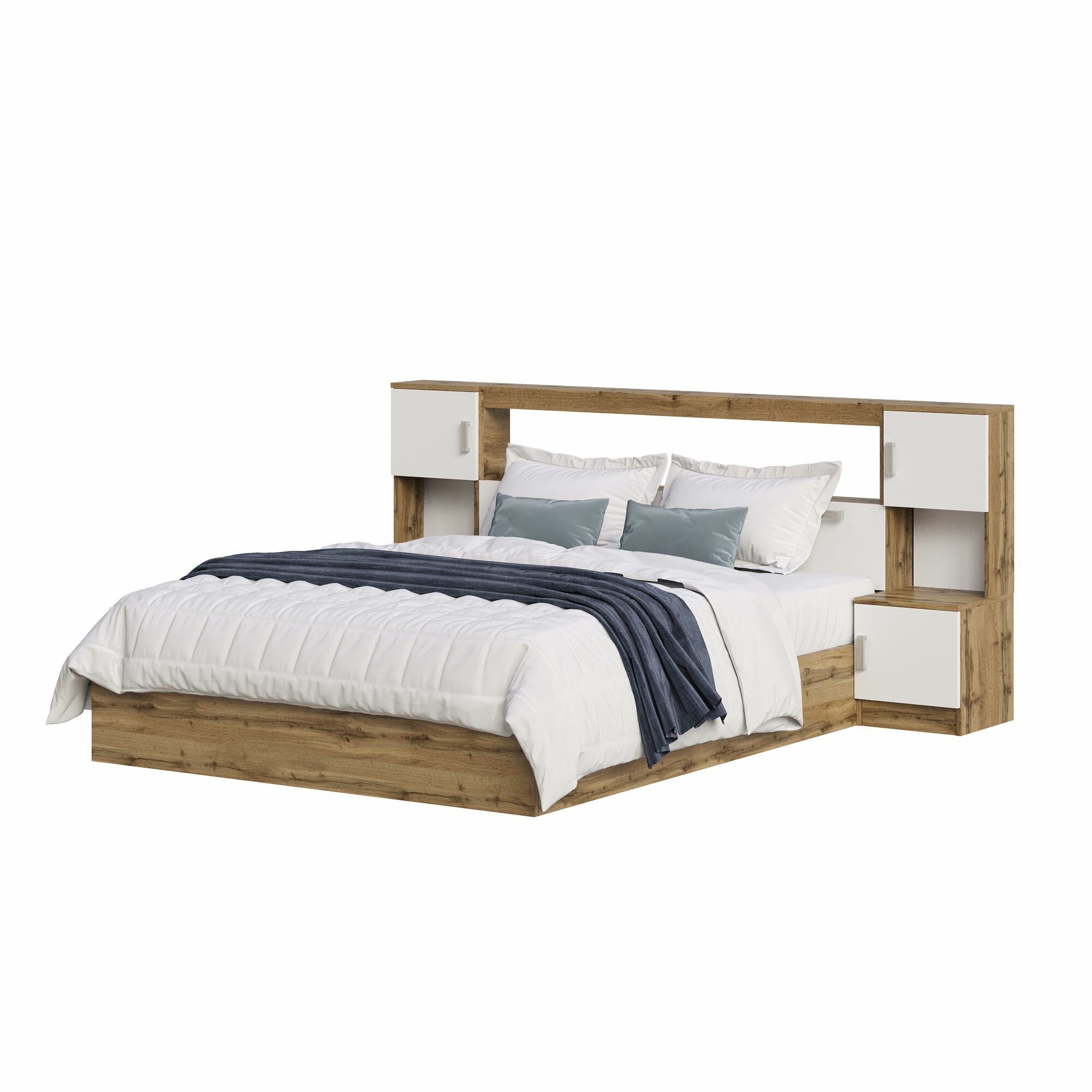 Спальня бася КР-552 (кровать с прикроватным блоком) с настилом ЛДСП (2352х1016х2232) Дуб Вотан /Белый (Rikko)