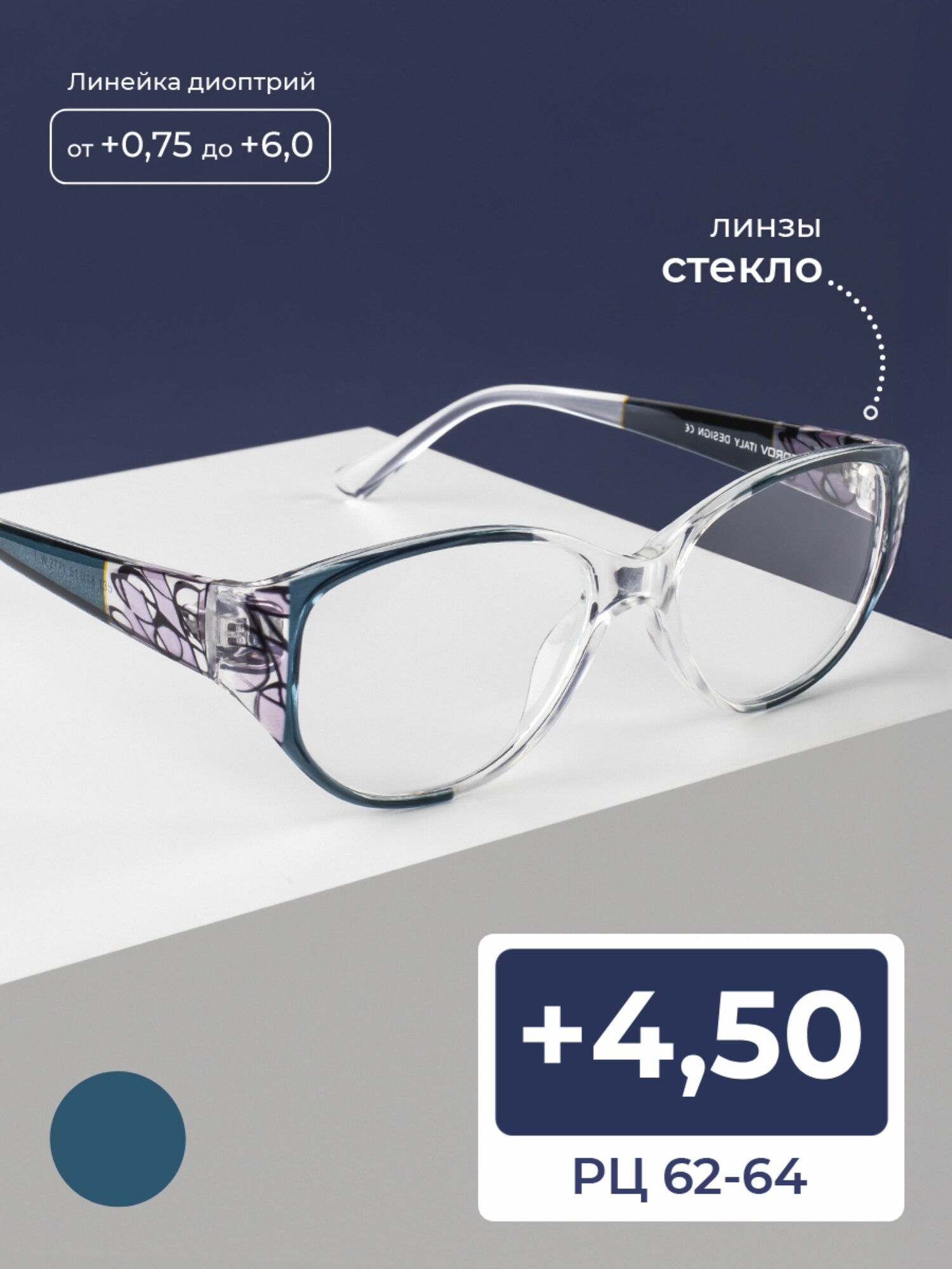 Готовые очки женские со стеклом (+4.50) FEDROV 2771 C3, линза стекло, без футляра, цвет прозрачно-бирюзовый, РЦ 62-64
