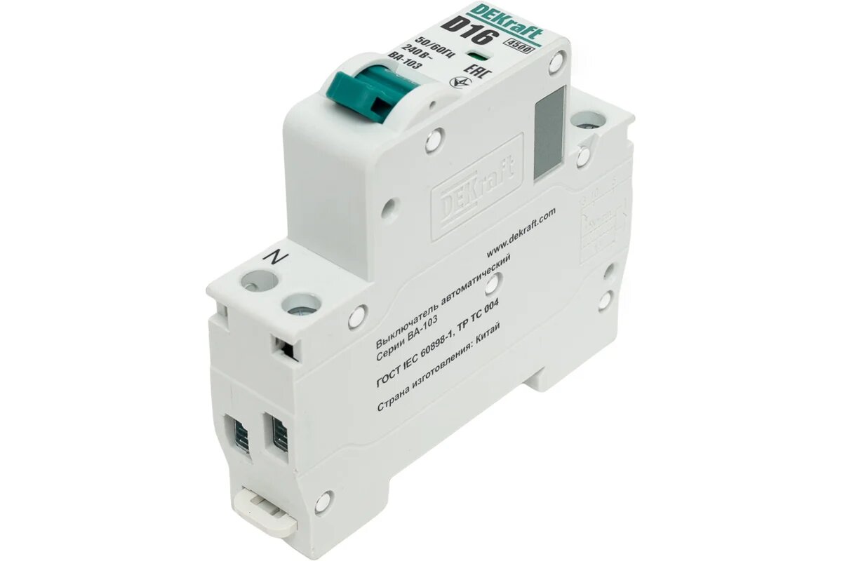 DEKraft автоматический выключатель 1+N 16 А, тип D VA-103, рабочая способность 4,5 кА