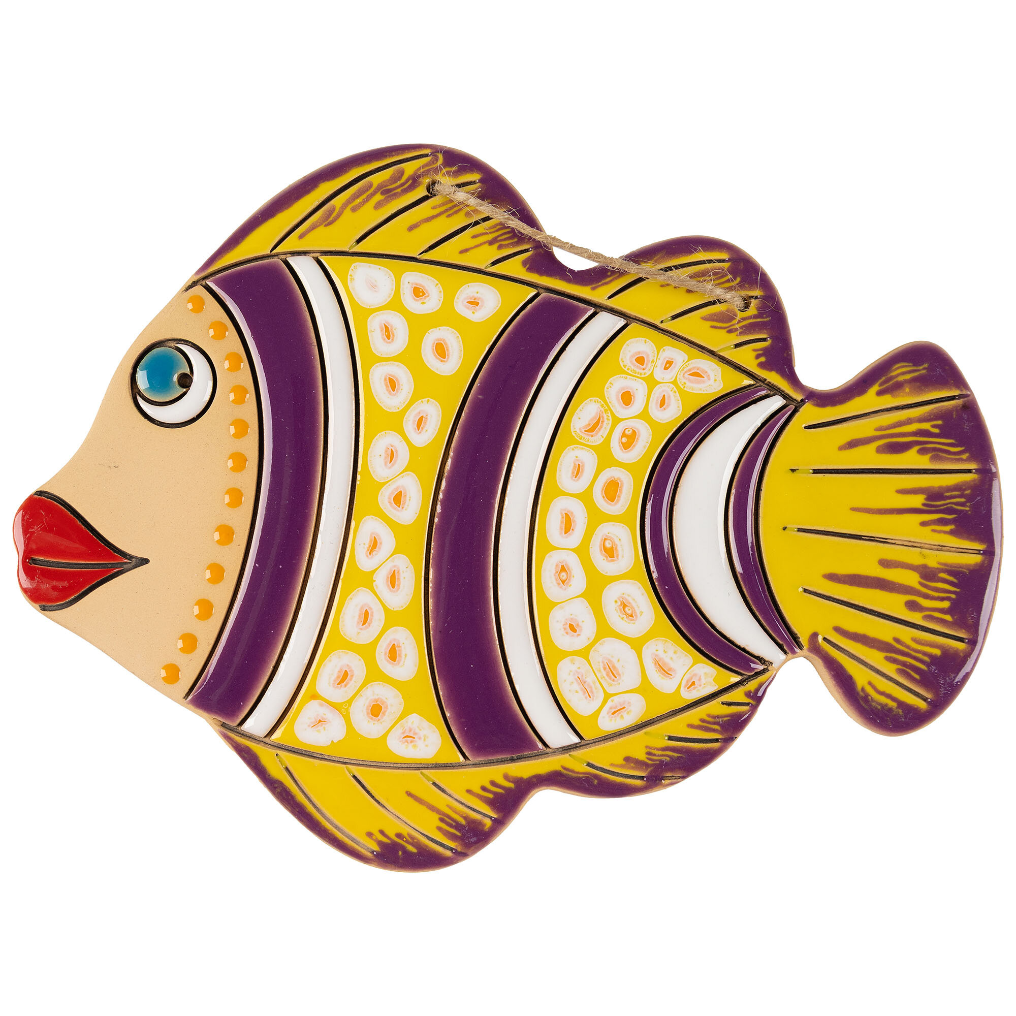 Панно декоративное Рыбка фиолетово-желтая керамическое авторской ручной работы (КМА-ПД-132)