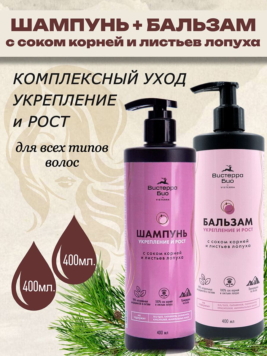 Набор для роста волос с лопухом Шампунь 400 мл и бальзам 400 мл для роста и укрепления волос с экстрактом Лопуха