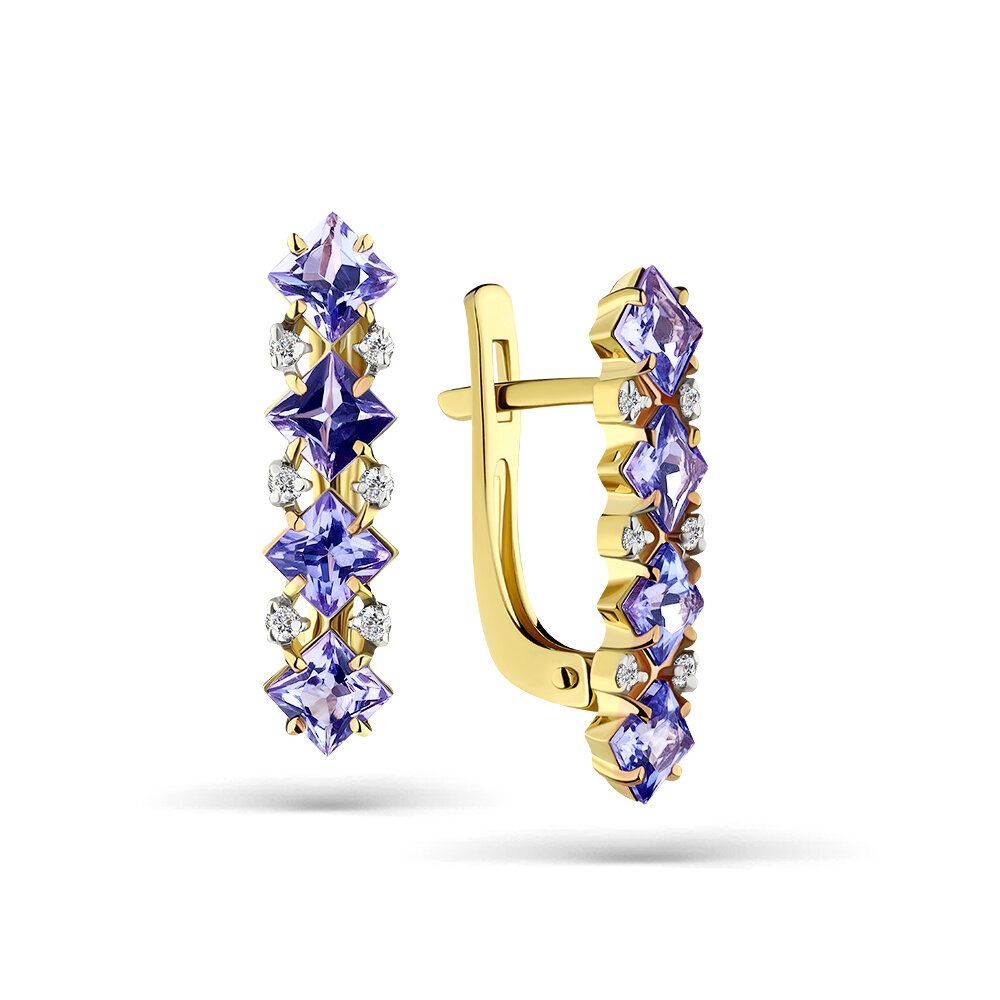 Серьги, желтое золото, 585 проба, танзанит, бриллиант
