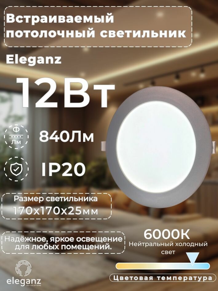 Светильник встраиваемый Eleganz 12Вт, серый, круг 6000К, IP20 1 шт.