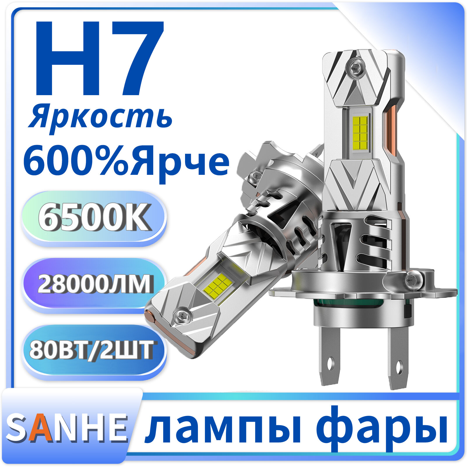 SANHE Лампа автомобильная H7, 2 шт. арт. L4-H7-80w 28000LM -с вентилятором