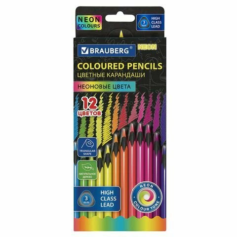 Карандаши цветные BRAUBERG NEON, 12 неоновых цветов, трехгранные, грифель 3 мм, черное дерево, 181852