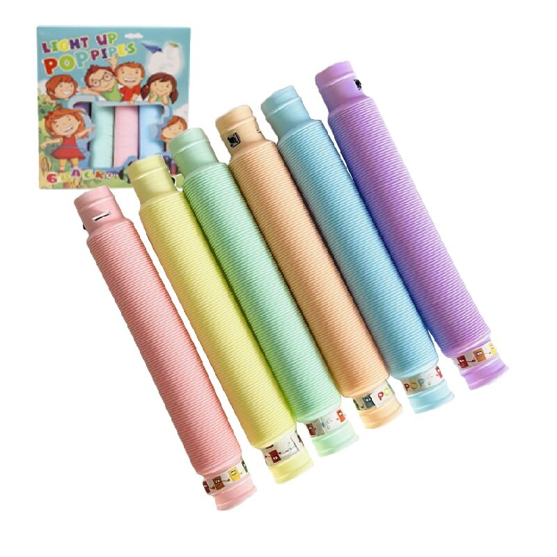Игрушка для расслабления Pop tube свечущаяся телескопическая трубка с вентиляцией и светодиодом, смешанные цвета, 6-шт, материал пластик и электронные компоненты, упаковка 18*20*3см, размеры 19*2см, нерастянутая длина 19см, растянутая 64см, три уровня