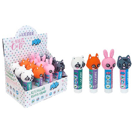 Клей-карандаш " deVente " 100% Cute 15гр, основа PVP, быстросохнущий, с фигуркой на колпачке, 4 дизайна, 12 штук