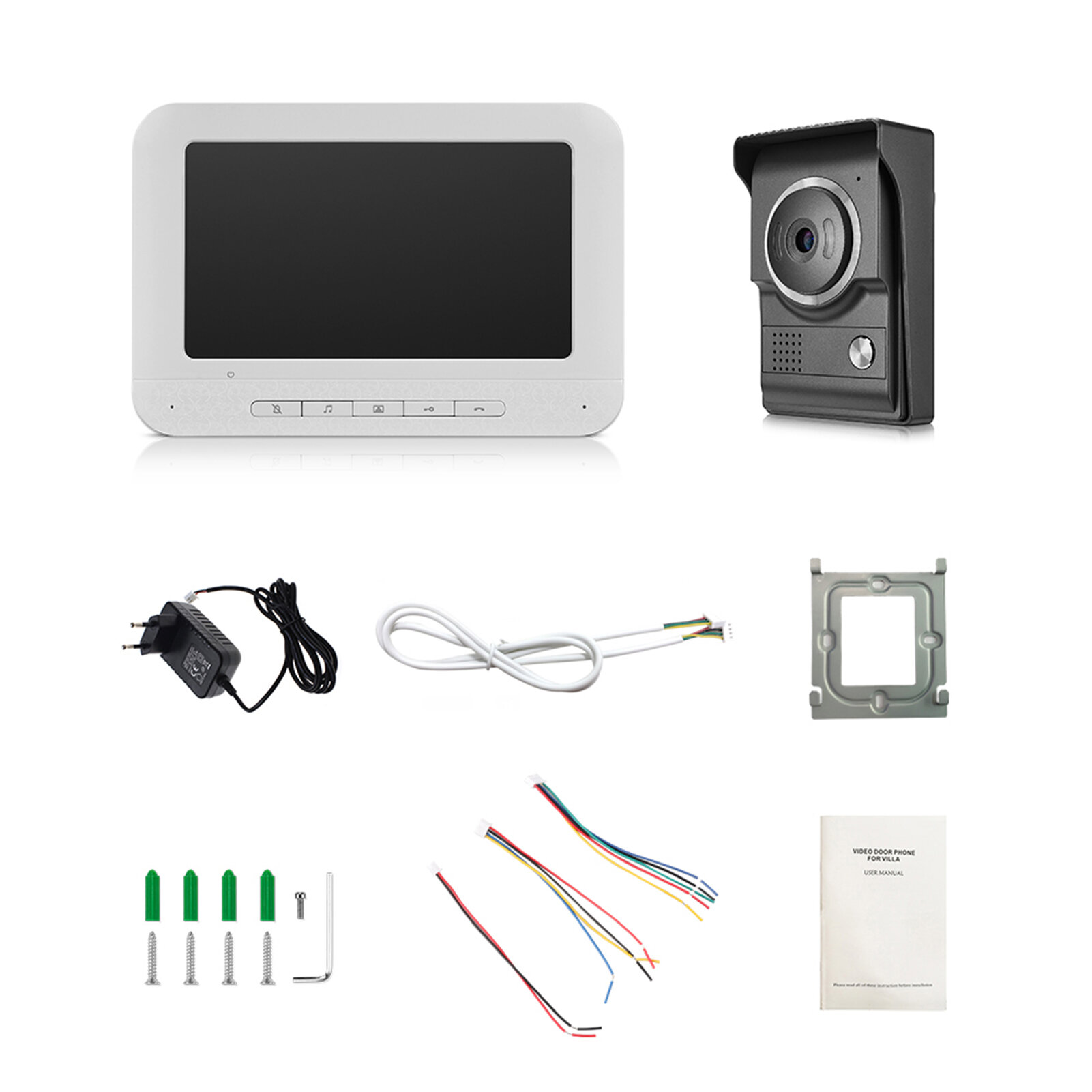 7-дюймовый видеодомофон, дверной звонок, комплект домофона с цветным TFT-LCD экраном, 1 внутренний монитор, наружная камера, поддержка ночного видения, водонепроницаемый, с функцией разблокировки, для дома, квартиры, виллы.