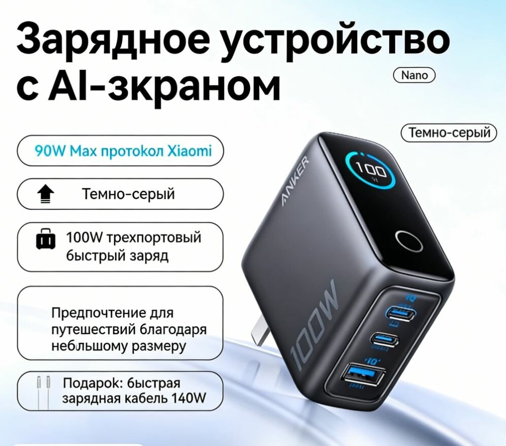 Anker Зарядное устройство Анкер на нитриде галлия мощностью 100W с дисплеем