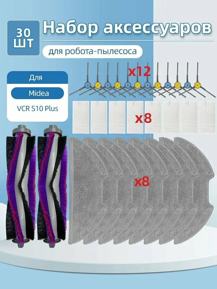 Набор аксессуаров подходит для робота-пылесоса Midea VCR S10 Plus (фильтры, щетки и салфетки тряпки МОП)