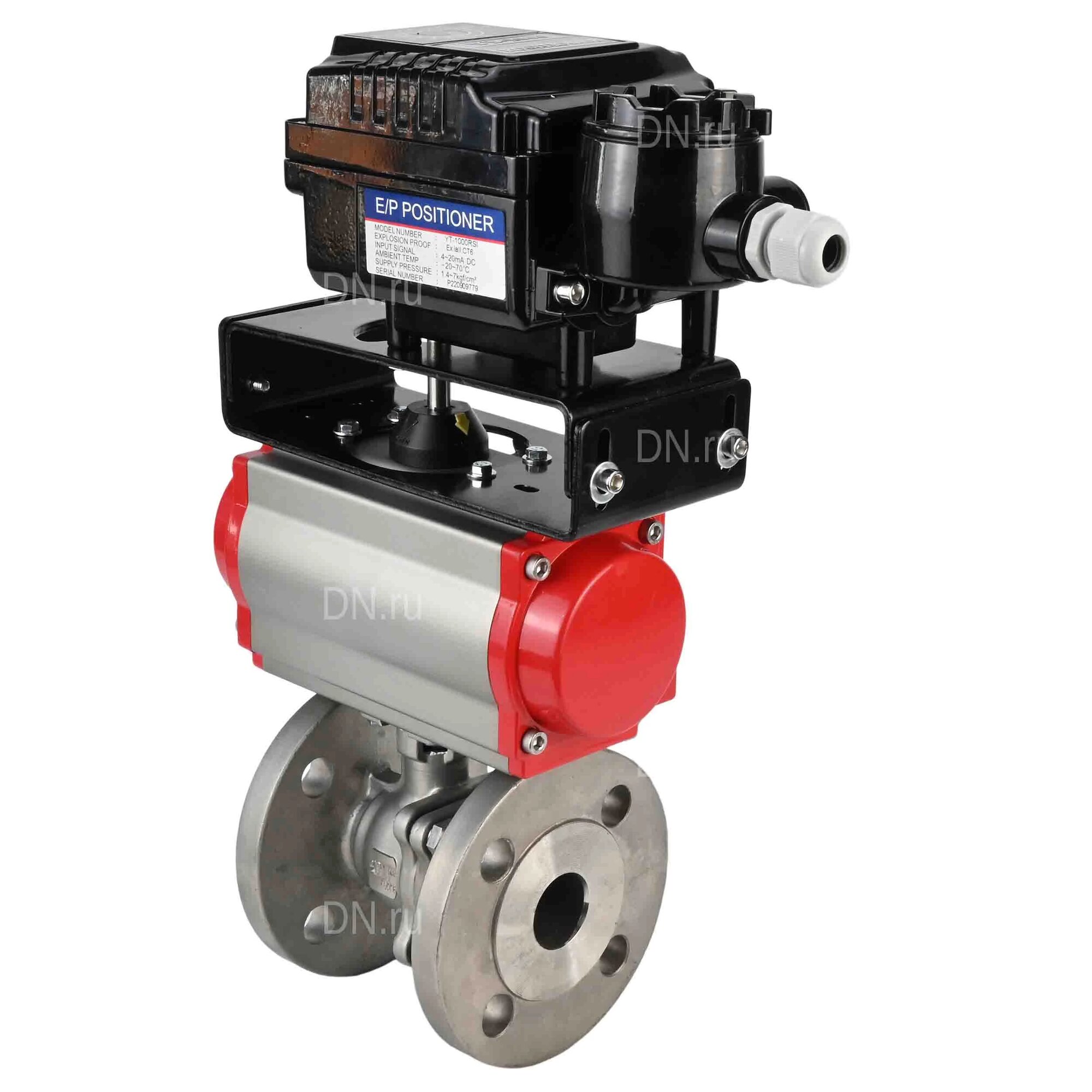 Кран шаровой DN.ru кшфп.316.200 Ду100 Ру16, полнопроходной фланцевый, нержавеющая сталь SS316, уплотнение - PTFE, с пневмоприводом DA-105 двойного действия и с электропневматическим поворотным позиционером EPRP1-NU-Fb-08 с обратной связью