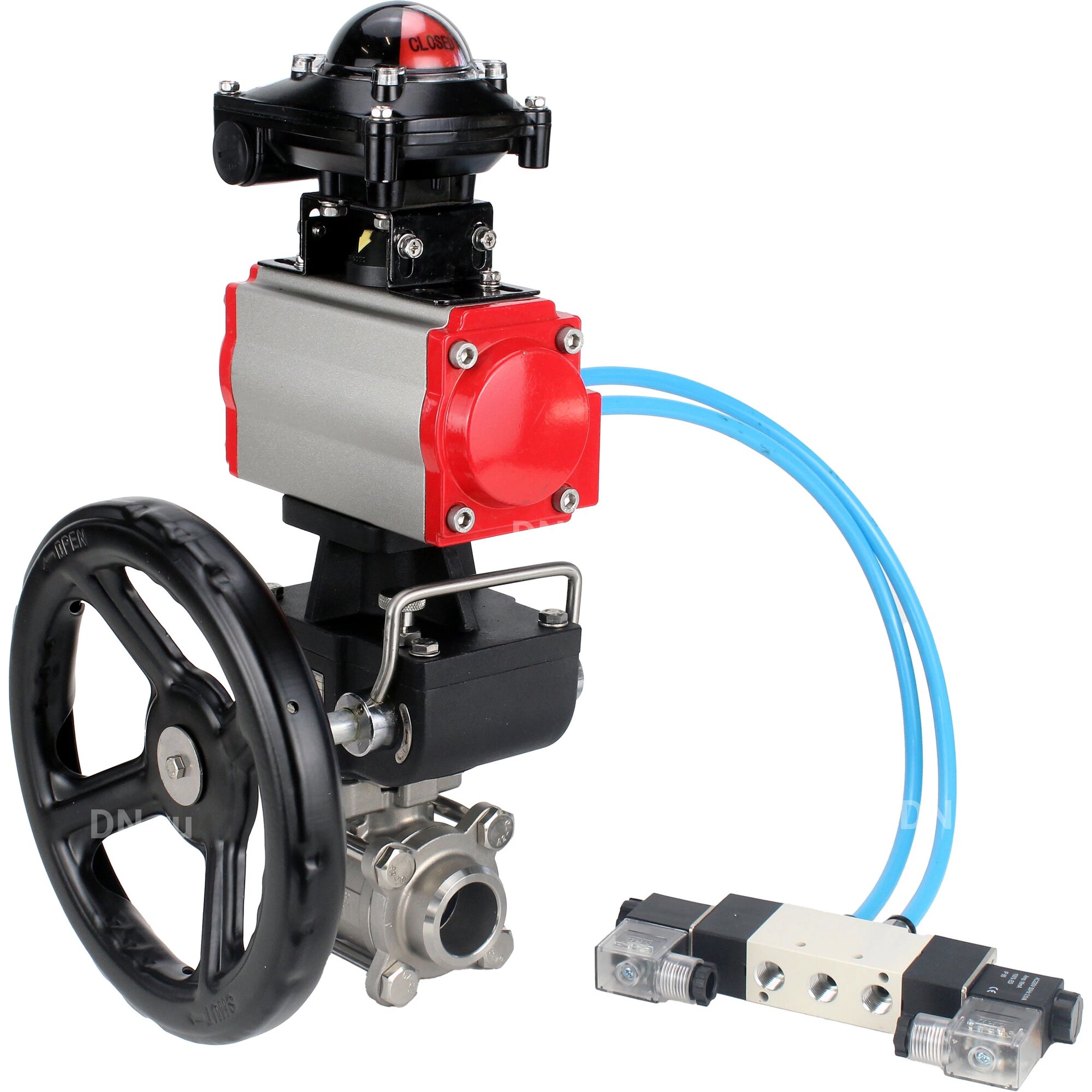 Кран шаровой DN.ru кшпп 316.200-ISO Ду50 Ру40, полнопроходной, трехсоставной, нержавеющая сталь 316, PTFE, под приварку, с пневмоприводом DA-083, пневмораспределителем PND1-S2EM-52-2-T10-220VAC, БКВ LSB-210-02NM12-220/24, ручным дублером HDM-2