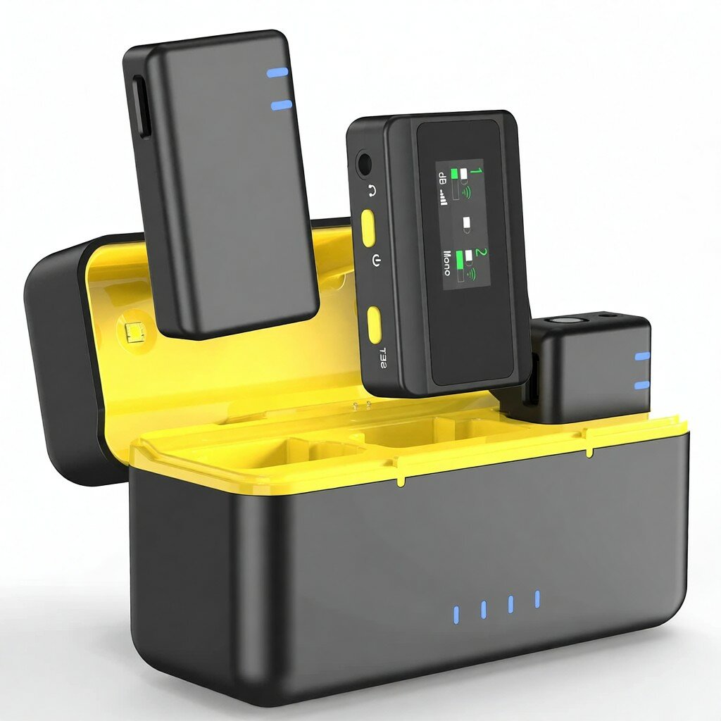 Беспроводная система лавального микрофона Lavalier Lapel Mic, черно-желтый цвет, 2 передатчика, 1 приемник, 4GB память, 18 часов автономности, диапазон передачи 656 футов, совместим с , Android, ПК, камера, iPad, USB Type-C, 3.5 мм разъем, пластик