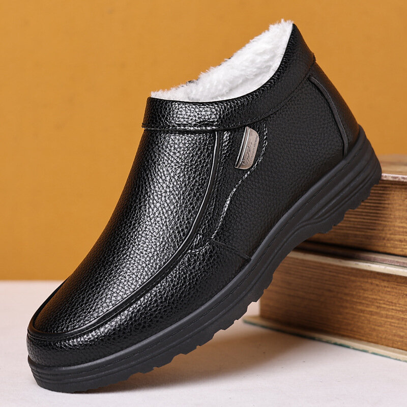 Мужские зимние кожаные туфли на флисовой подкладке, зимние ботинки на толстой подошве, мужские высокие хлопковые туфли средней длины на молнии