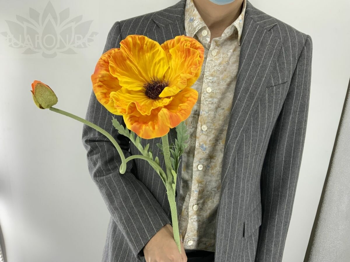 Искусственные цветы для декора мак желтый крупный из латекса голова 17 см премиум серия 75 см