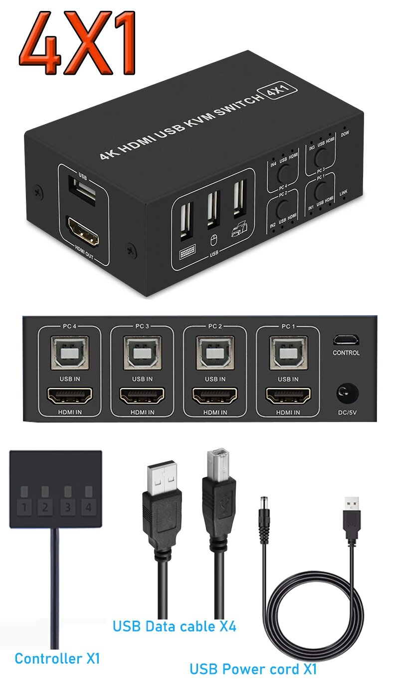 VBDWRM 4-портовый KVM-переключатель HDMI 4K 4X1