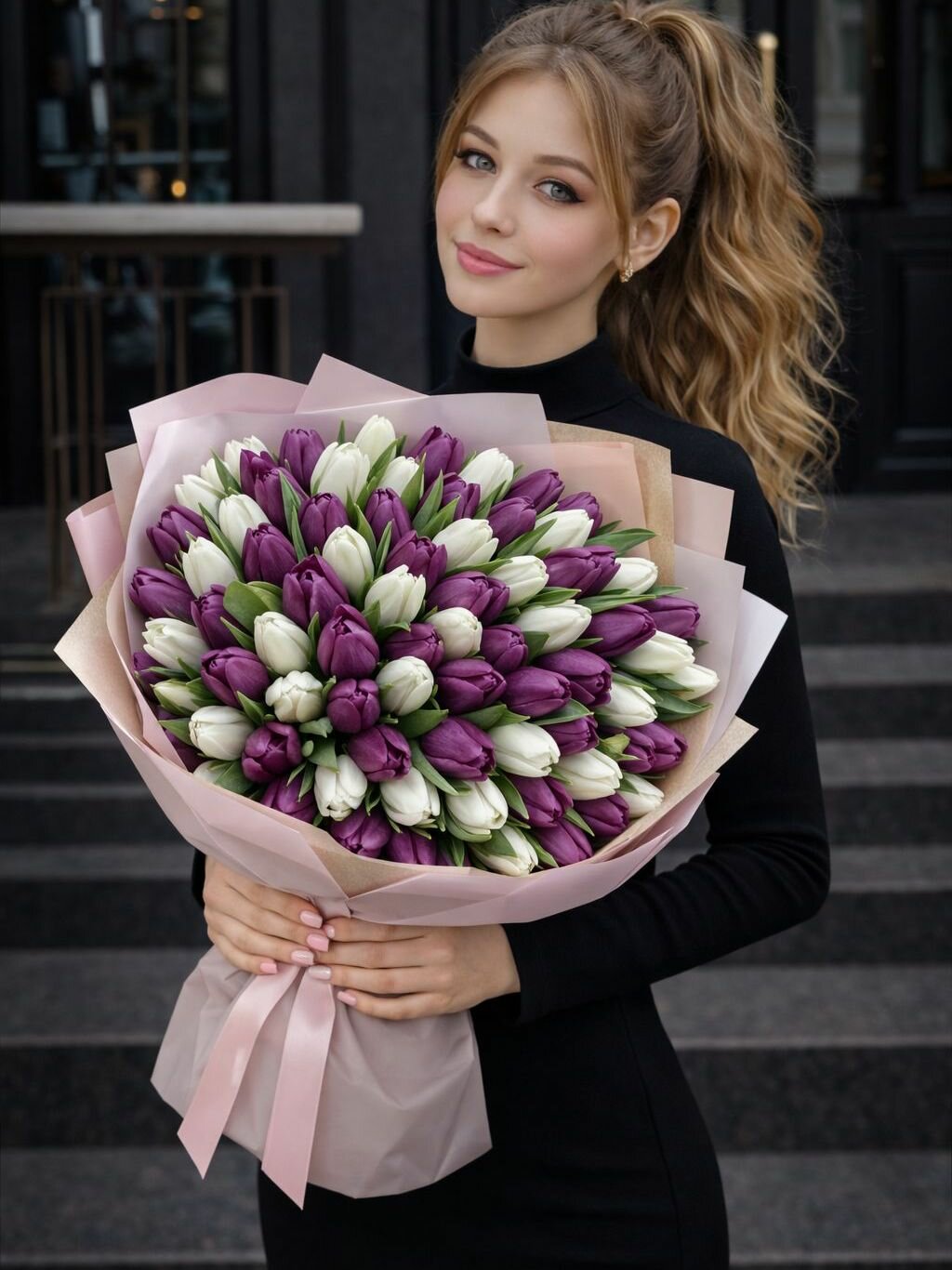 Букет из фиолетовых и белых тюльпанов