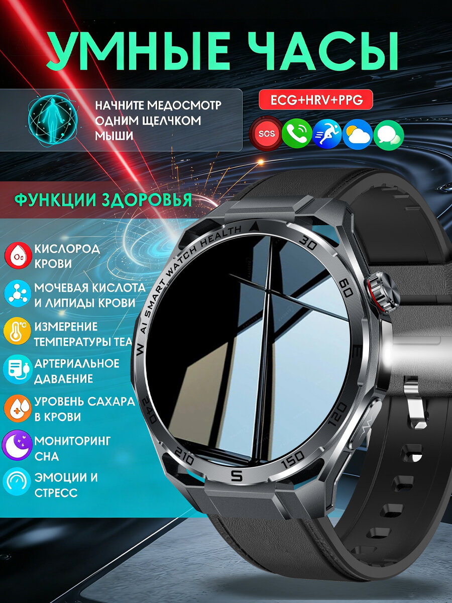 Часы-тонометр с ЭКГ и измерением давления, с AMOLED экраном, фитнес браслет женский с измерением сахара в крови, Умные смарт часы Мужские наручные