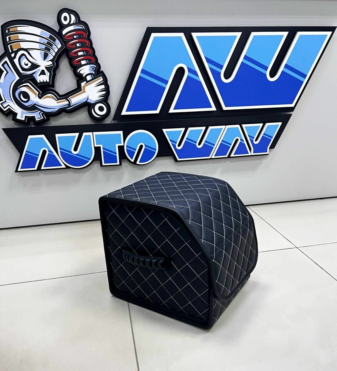 Ящик для багажника, органайзер, сумка, бокс багажный черный ромб, белая нить 28х30х30см