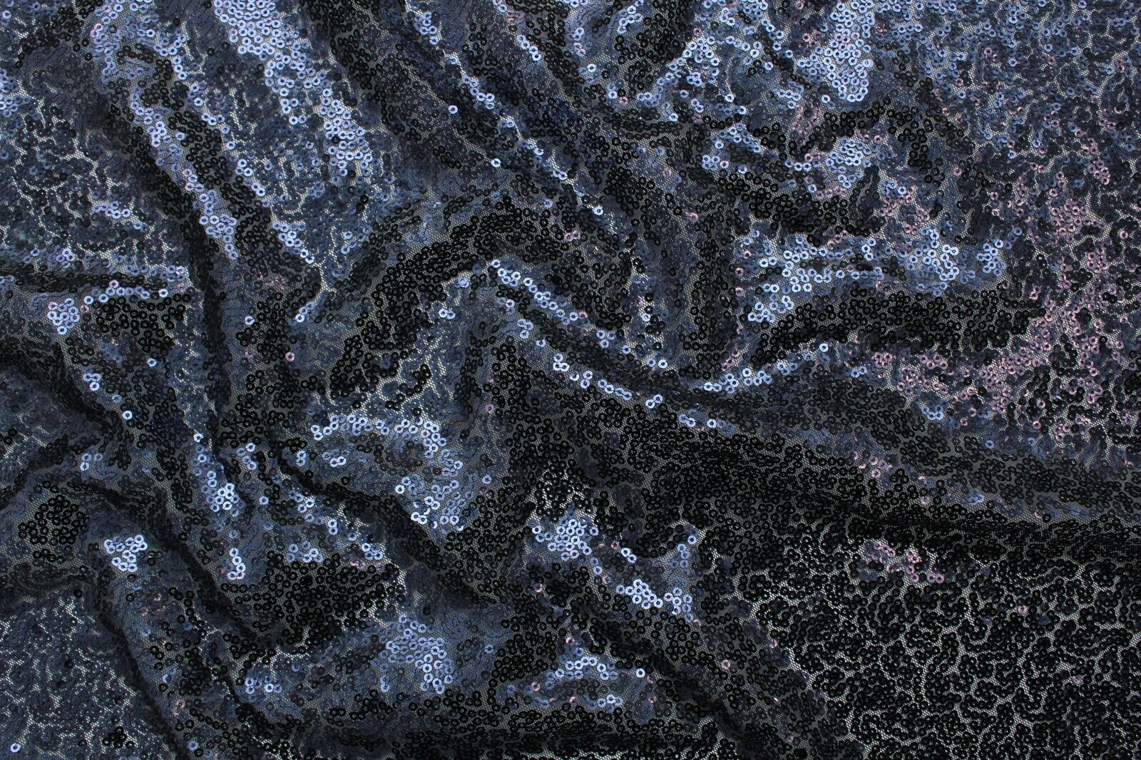 Ткань Пайетки на мягком фатине стрейч синий глянец, ш134см, 0,5 м