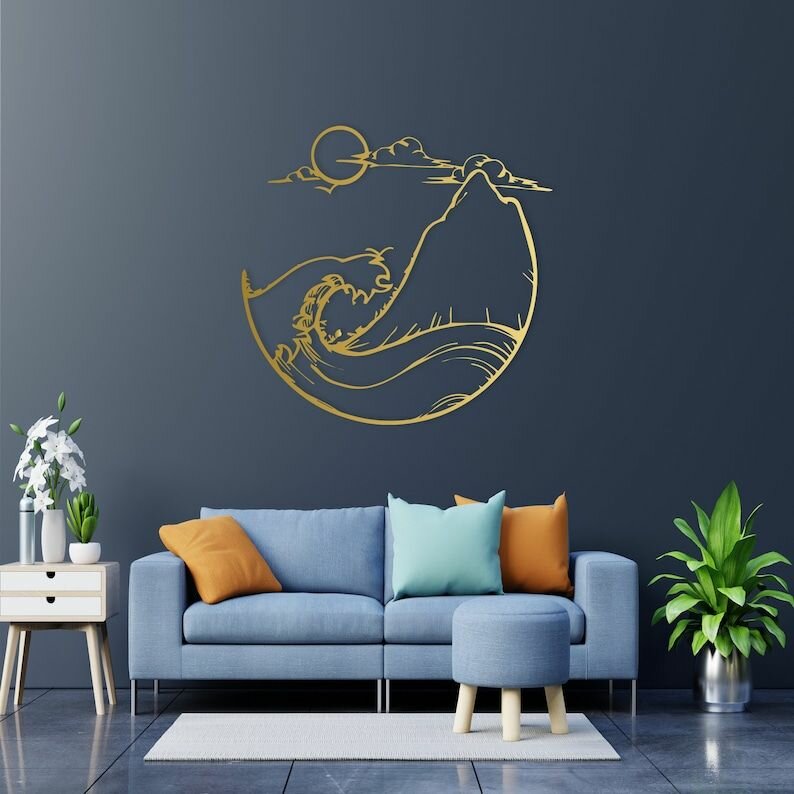 Декоративное панно деревянное, Морской пейзаж (матовое золото)